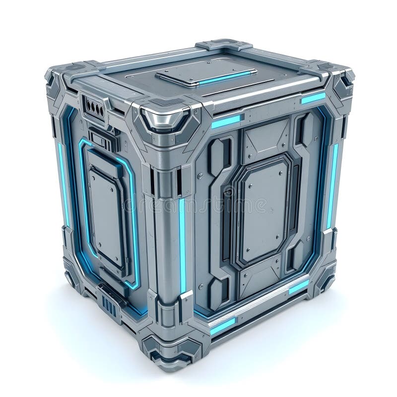 Futuristic Metallic Container with Glowing Blue Accents on White ...