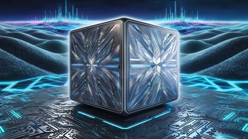 Futuristic Metallic Cube on Circuit Board Stock Illustration ...