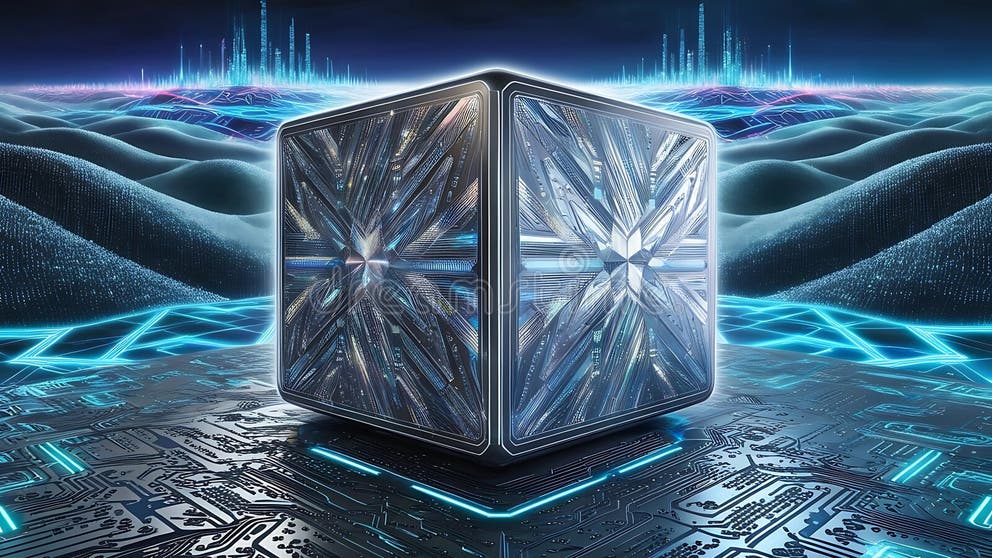 Futuristic Metallic Cube on Circuit Board Stock Illustration ...