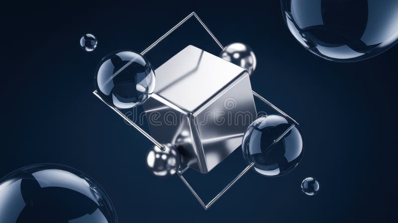 Futuristic Metallic Cube Surrounded by Glass Spheres on a Dark ...