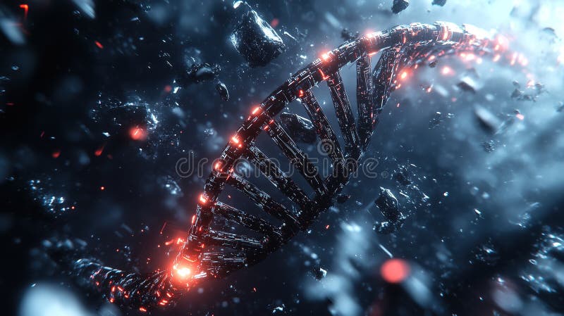 A Futuristic Metallic DNA Strand Floating in Space, Surrounded by ...