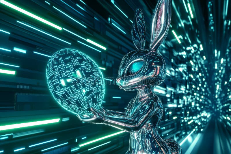 A Futuristic Metallic Easter Bunny Holding a Levitating Digital Easter ...