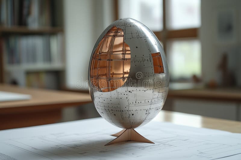 Futuristic Metallic Egg Sculpture with Architectural Cutaway on Desk ...