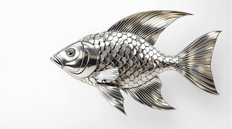 Futuristic Metallic Fish Design: Shiny Sculpture on White Background ...