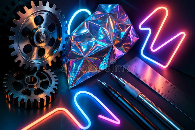 Futuristic Metallic Gears with Neon Lights and Holographic Crystal on ...