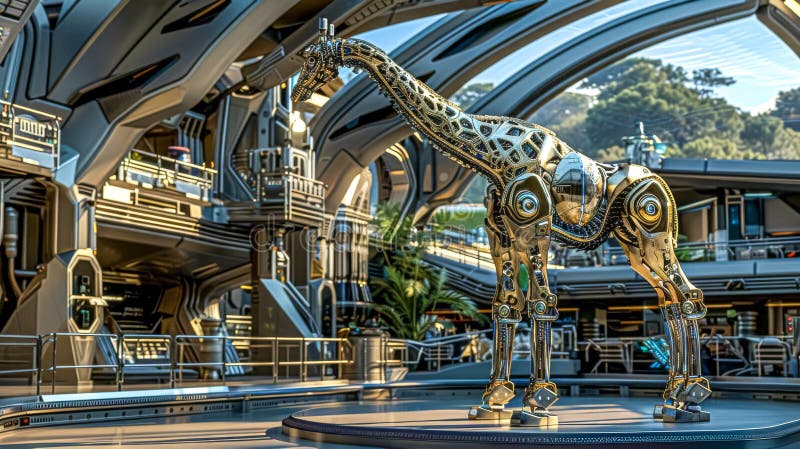 Giant Metallic Giraffe Robot Standing in Futuristic City Stock ...