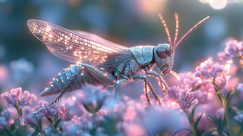 Futuristic Metallic Grasshopper on Pink Flowers at Sunset Stock ...