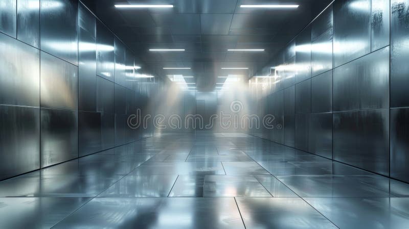 Futuristic Metallic Hallway with Reflective Surfaces and Misty Light ...
