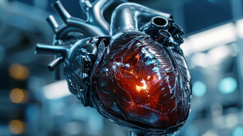 A Futuristic, Metallic Heart with a Glowing Red Core, Representing the ...