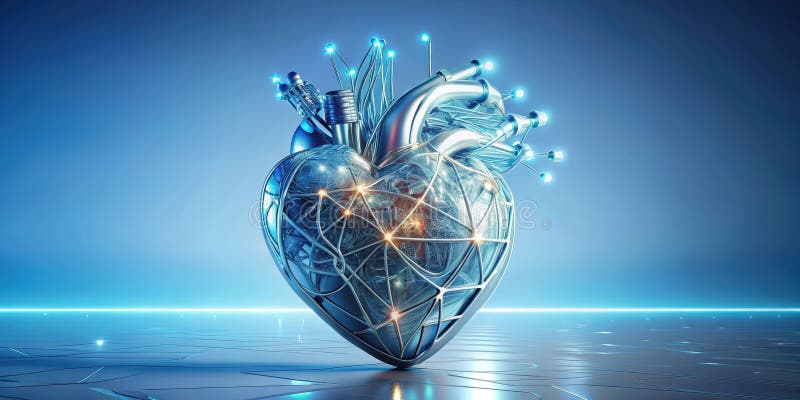 A Futuristic Metallic Heart with Integrated Network Connections and ...