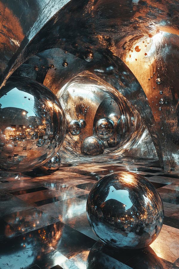Futuristic Metallic Interior with Reflective Spheres and Abstract ...