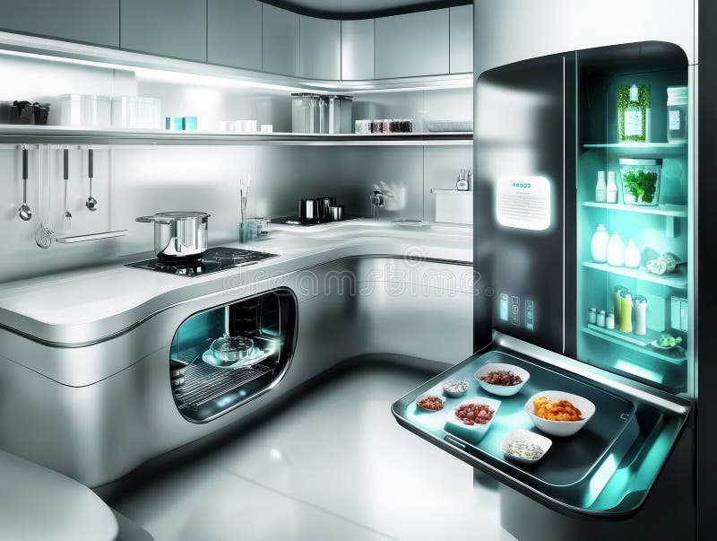 A Futuristic, Metallic Kitchen with Modern Appliances the Image Shows ...