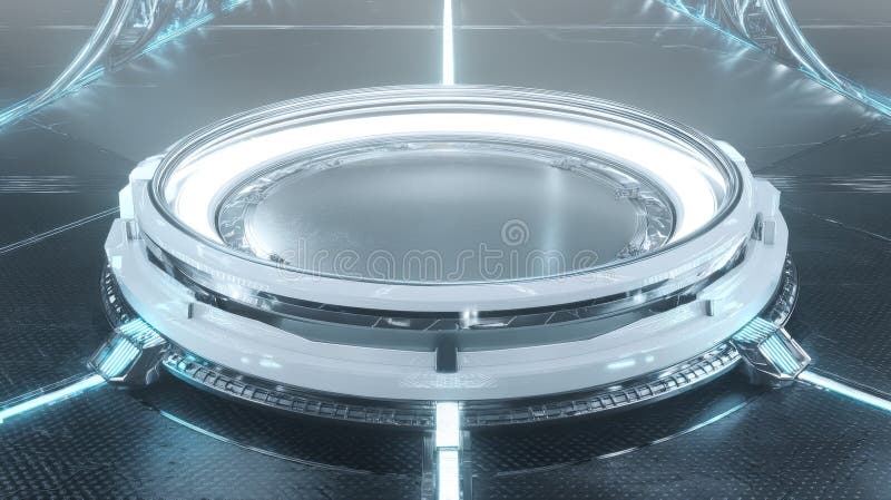 Futuristic Metallic Platform with Glowing Blue Details in a ...