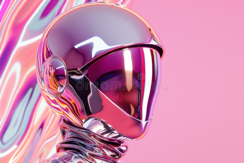 Futuristic Metallic Robot Headset with Iridescent Colors on Pink ...