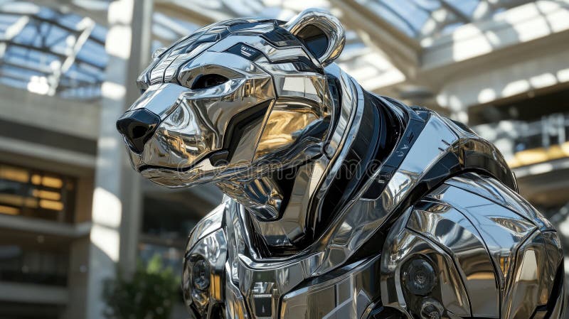 Futuristic Metallic Robotic Bear Sculpture in Modern Atrium Setting ...