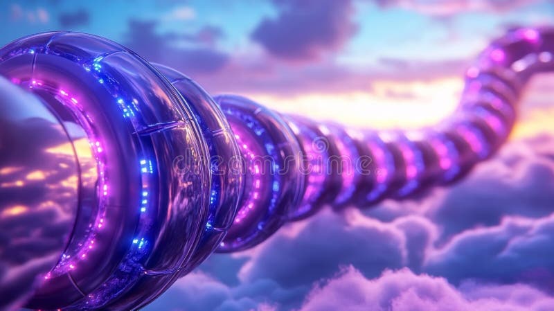 Futuristic Metallic Roller Coaster Loop with Neon Lights and Clouds ...