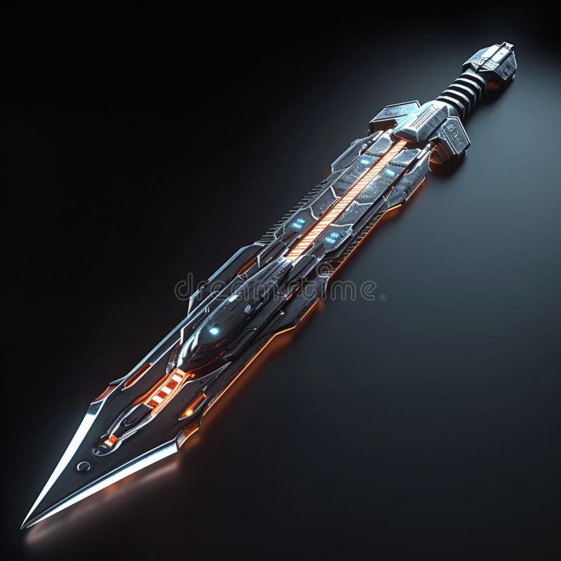 Futuristic Metallic Spear with Glowing Accents on a Dark Backdrop ...
