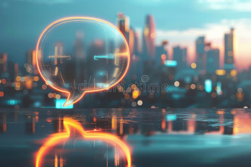 Futuristic Metallic Speech Bubble Reflecting Urban Skyline for Sci-Fi ...