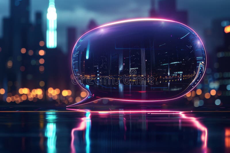 Futuristic Metallic Speech Bubble Reflecting Urban Skyline for Sci-Fi ...
