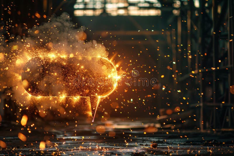 Futuristic Metallic Speech Bubble in a Spark-Filled Industrial Setting ...