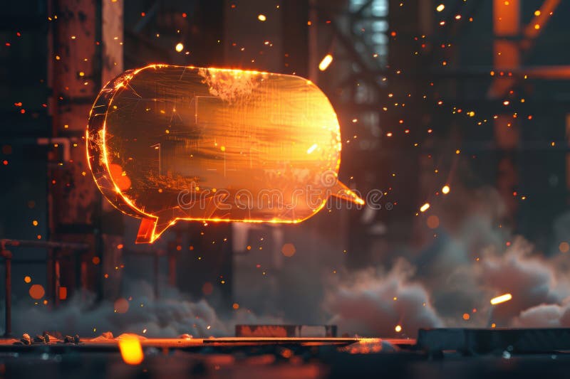 Futuristic Metallic Speech Bubble in a Spark-Filled Industrial Setting ...