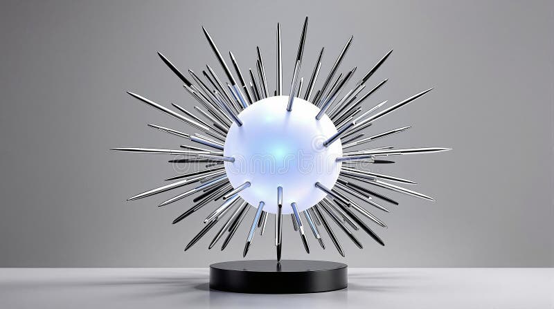 Futuristic Metallic Spiked Sculpture with Glowing Core on Display Stand ...