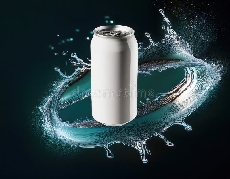 Futuristic Metallic Splash Encircling a Floating White Soda Can Stock ...