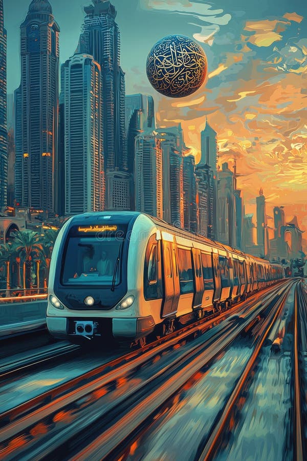 A Futuristic Metro Train Passing through the Illuminated Dubai Skyline ...