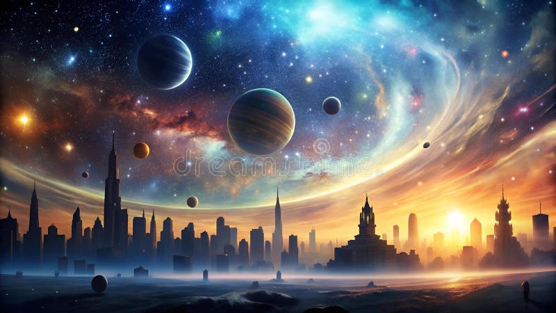 A Futuristic Metropolis Bathed in the Glow of Distant Worlds AI Generated Stock Photo - Image of ...