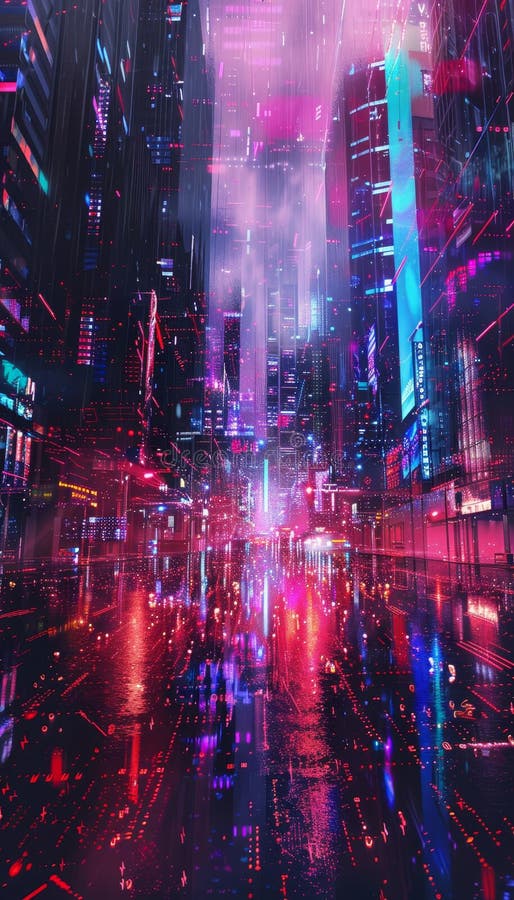 Futuristic Metropolis with Neon Lights and Digital Code Creating a Cybernetic Abstract Landscape ...