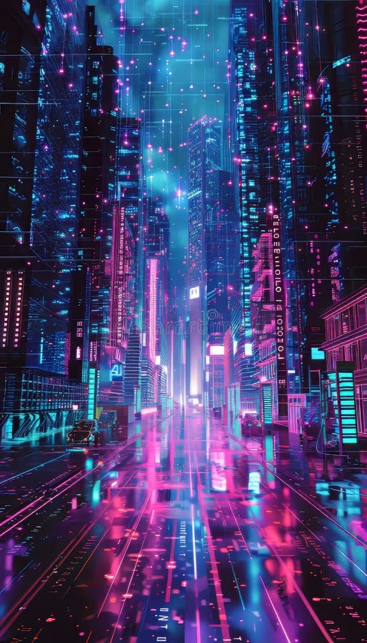 Futuristic Metropolis with Neon Lights and Digital Code a Cybernetic ...
