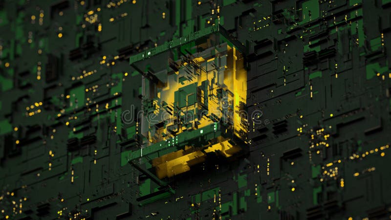 Futuristic Micro Chip on PCB 3D Rendering Illustration Stock ...