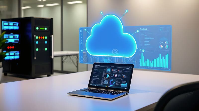 Futuristic Micro Data Center Processing Data Near Laptop, Linked To ...