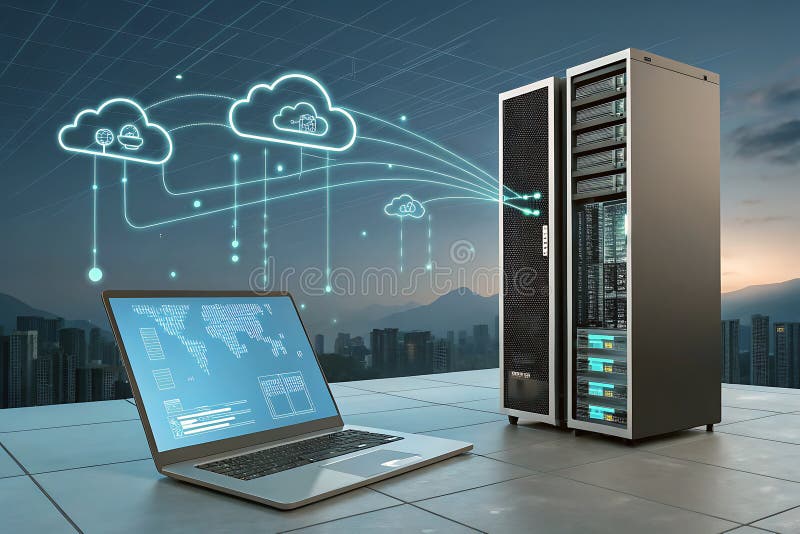 Futuristic Micro Data Center Processing Data Near Laptop, Linked To ...