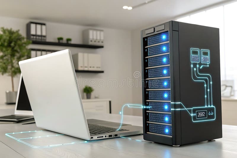 Futuristic Micro Data Center Processing Data Near Laptop, Linked To ...