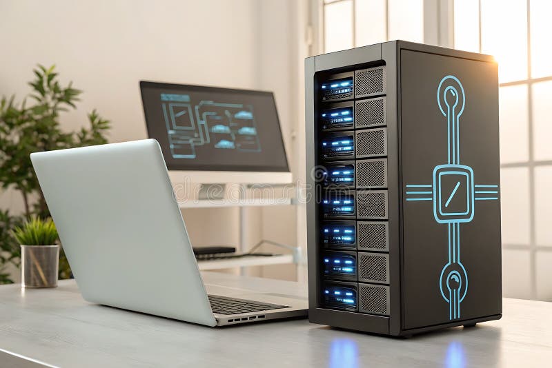 Futuristic Micro Data Center Processing Data Near Laptop, Linked To ...