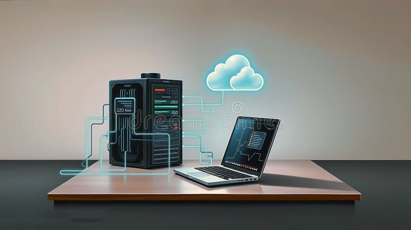 Futuristic Micro Data Center Processing Data Near Laptop, Linked To ...