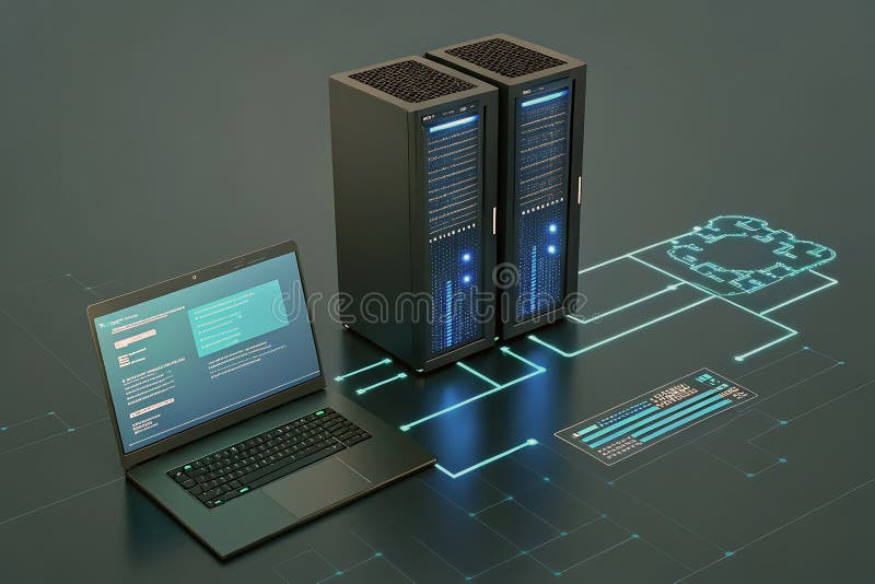 Futuristic Micro Data Center Processing Data Near Laptop, Linked To ...
