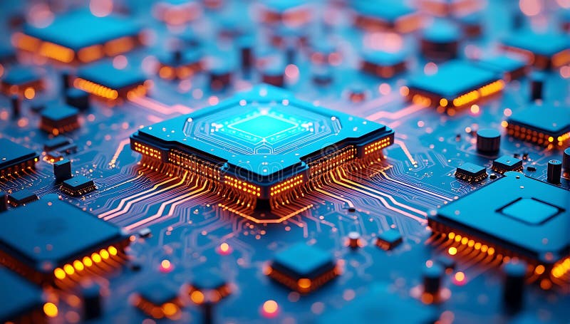 Futuristic Microchip Architecture, Glowing Circuit Pathways, Neon Blue ...