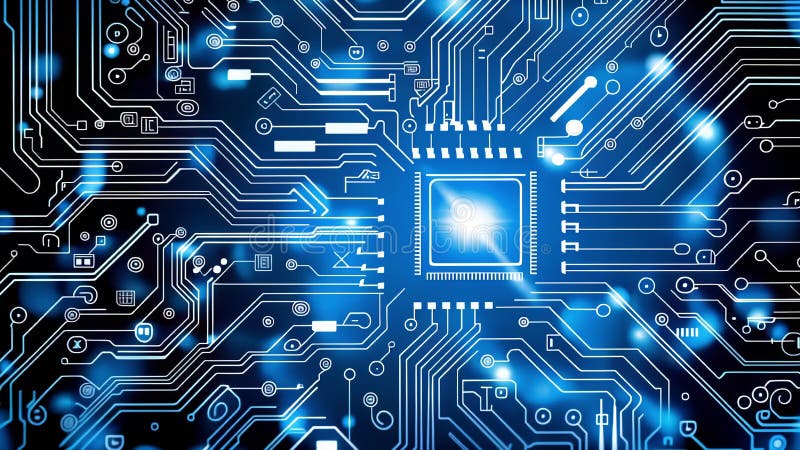 Futuristic Microchip Background with Blue Neon Lights and Trails. Stock ...