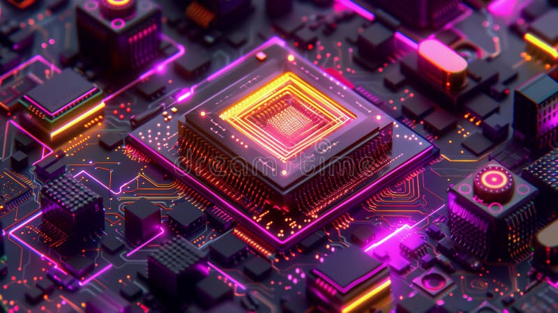 Futuristic Microchip Background with Neon Lights and Trails. Stock ...