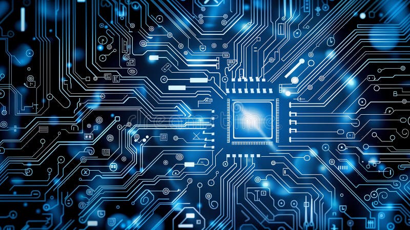 Futuristic Microchip Background with Neon Lights and Trails. Stock ...