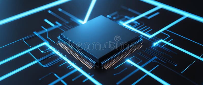 Futuristic Microchip with Blue Neon Glow Stock Photo - Image of ...