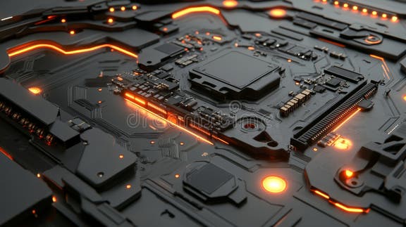 A Futuristic Microchip Circuit Board with a Glowing Orange Hue ...