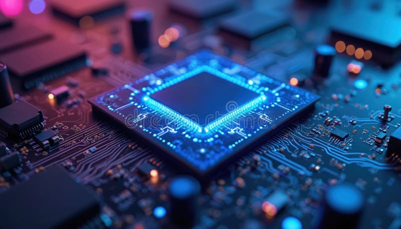 Futuristic Microchip with Glowing Blue Lights. Advanced Technology Concept Featuring ...