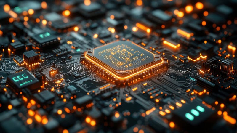 Futuristic Microchip with Glowing Circuits in a Digital Landscape ...