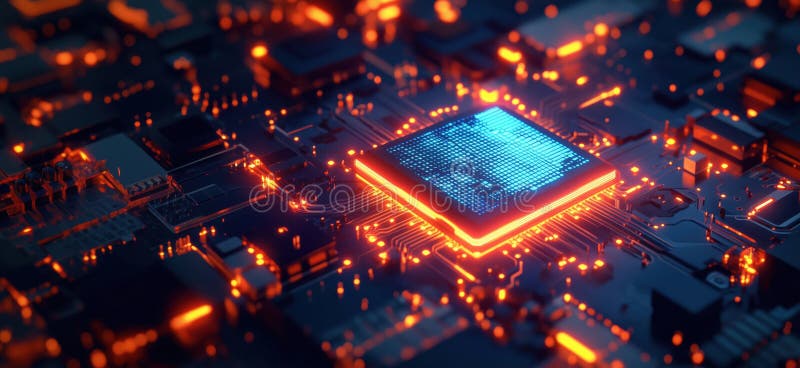 Futuristic Microchip with Glowing Circuits and Digital Patterns in Dark ...