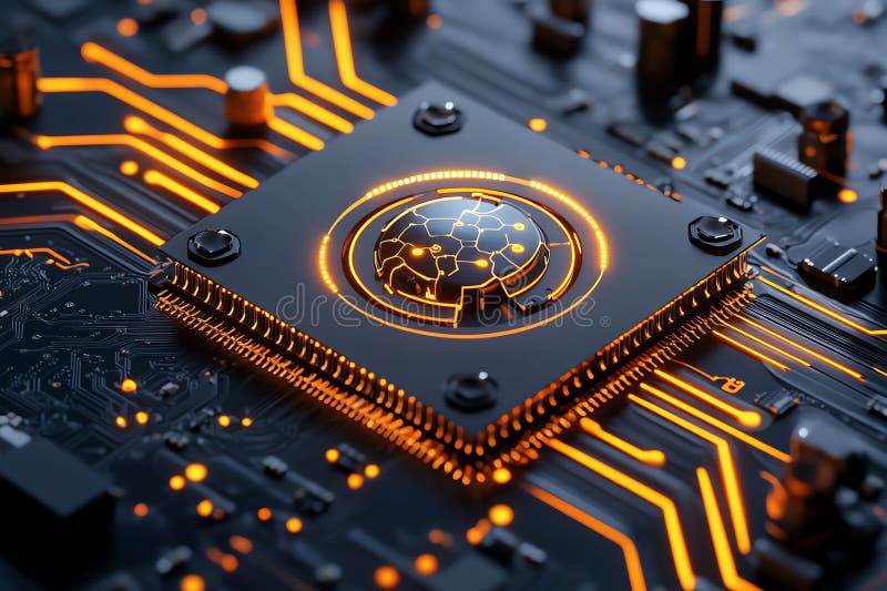 Futuristic Microchip with Glowing Circuits and Holographic Globe ...