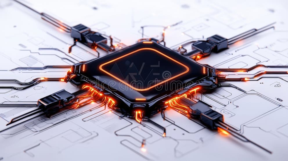 Futuristic Microchip with Glowing Elements on Circuit Board Background ...