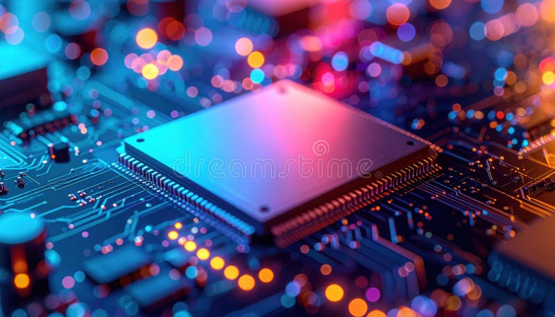 A Futuristic Microchip Glowing with Vibrant Neon Lights Symbolizing Digital Evolution and ...
